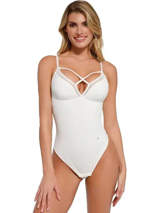 POPILUSH Shapewear Sheer Mesh Sleeveless Bodysuit - White