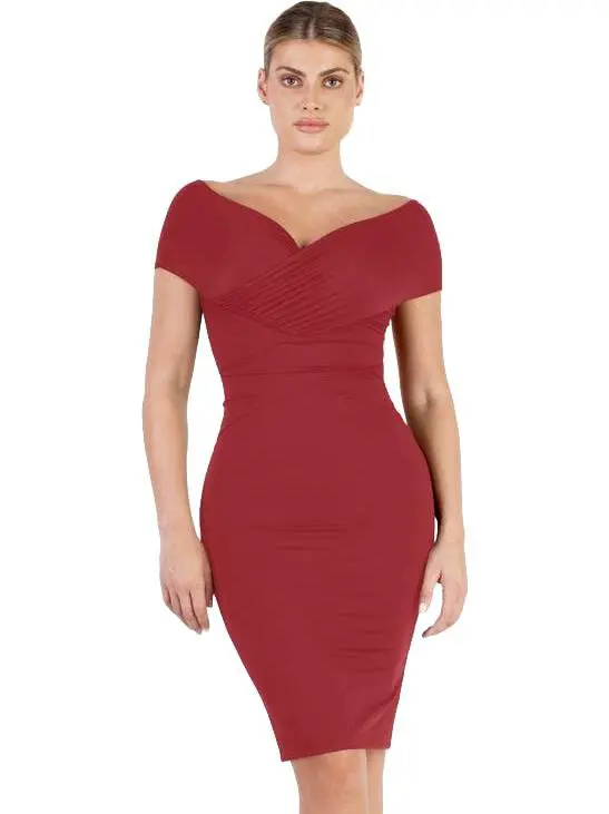POPILUSH Shapewear Ruched Off-shoulder Sculpting Midi Dress - Maroon