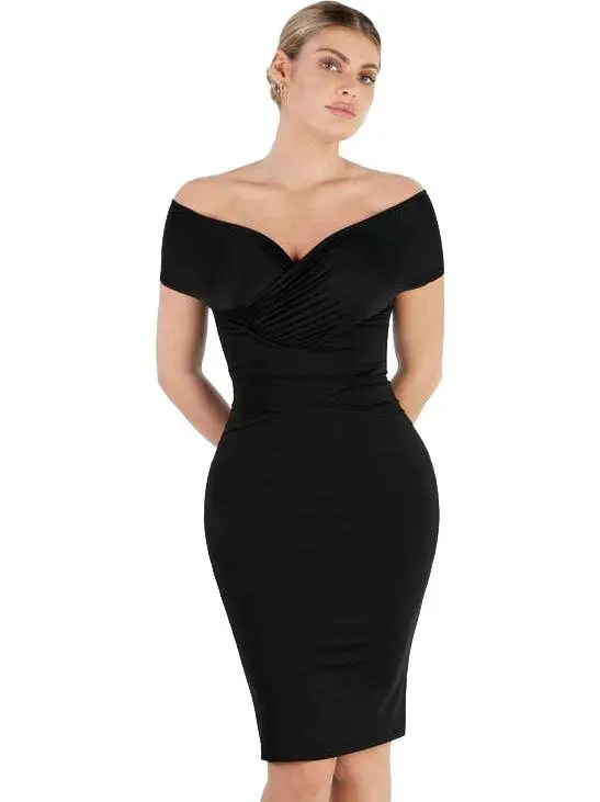 POPILUSH Shapewear Ruched Off-shoulder Sculpting Midi Dress - Midnight Black