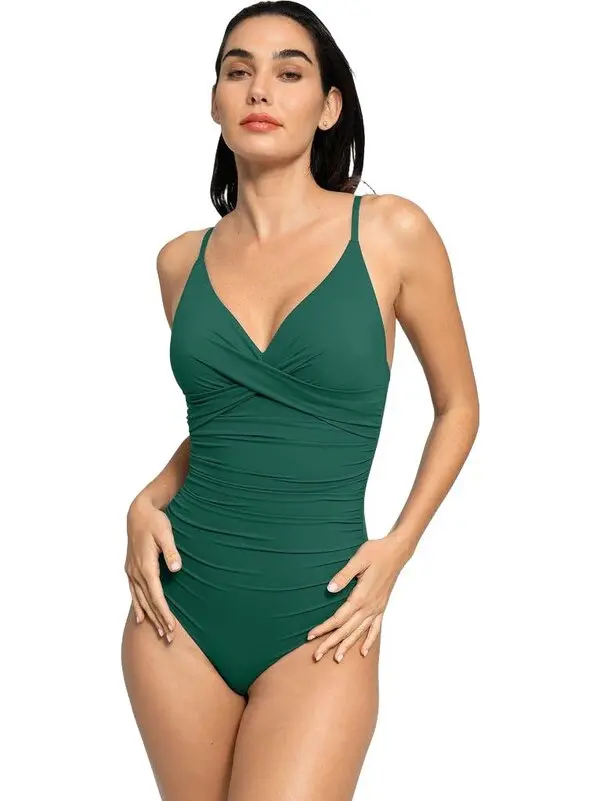 POPILUSH Shapewear Ruched Cross-front One-piece Swimsuit - Bottle Green
