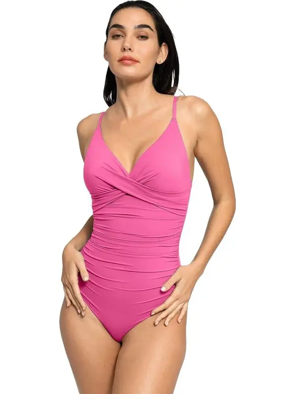 POPILUSH Shapewear Ruched Cross-front One-piece Swimsuit - Hot Pink