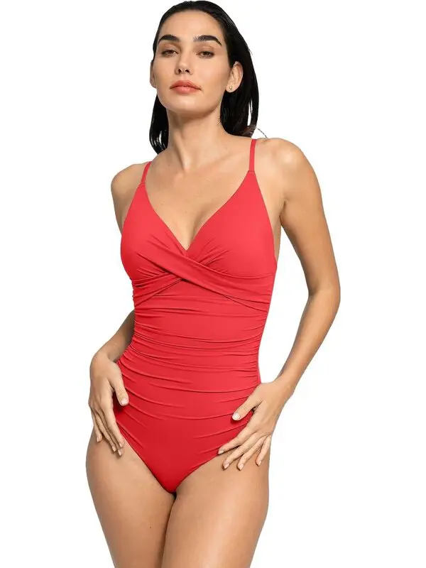 POPILUSH Shapewear Ruched Cross-front One-piece Swimsuit - Watermelon