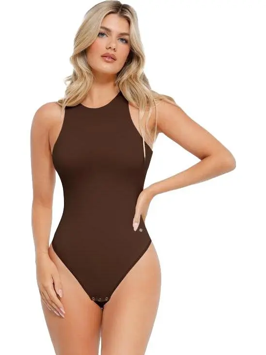POPILUSH Cloudsense Sleeveless Cutaway Round Neck Bodysuit - Deep Coffee