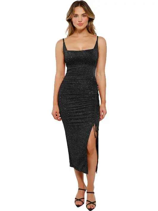 POPILUSH Shapewear Metallic Knit Bodycon Midi Slip Dress - Sparkly Black