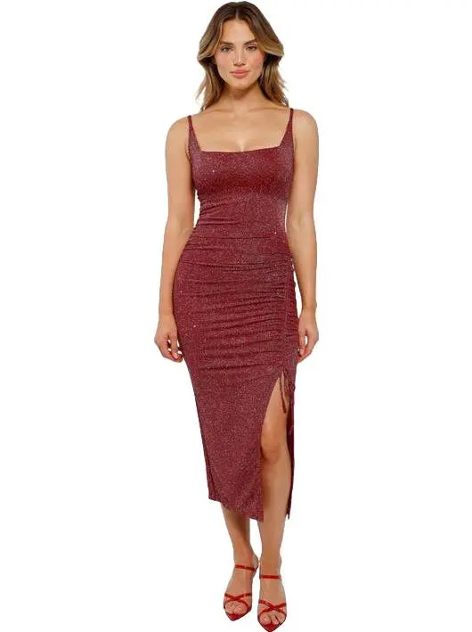 POPILUSH Shapewear Metallic Knit Bodycon Midi Slip Dress - Wine