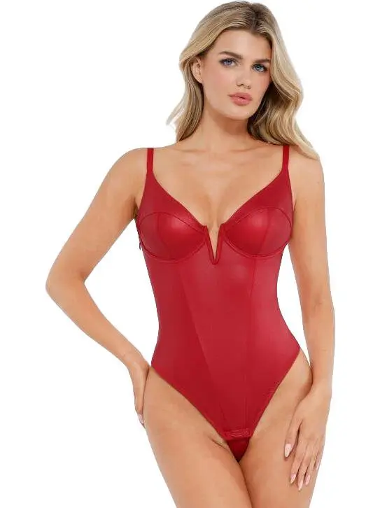 POPILUSH Shapewear Faux Leather Plunging V Sculpting Corset Bodysuit - Brick