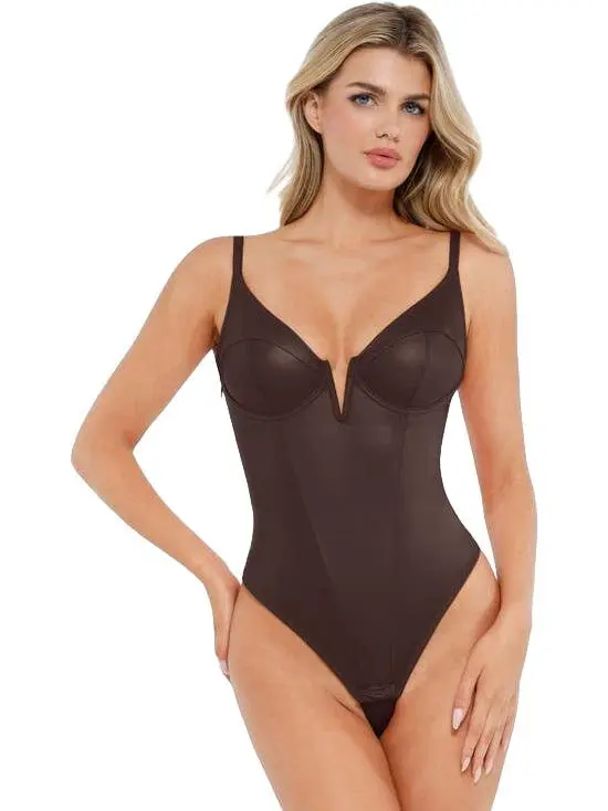 POPILUSH Shapewear Faux Leather Plunging V Sculpting Corset Bodysuit - Cocoa