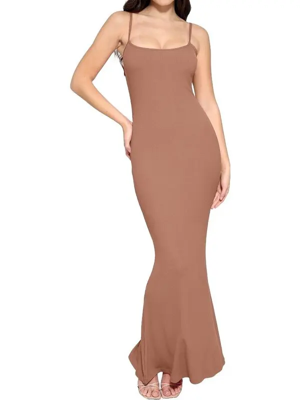POPILUSH Built-in Shapewear Modal Slip Maxi Dress - Caramel
