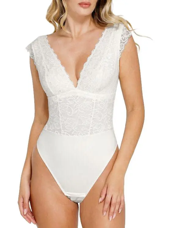 POPILUSH Sculpting Plunge Lace Bodysuit - Chalk
