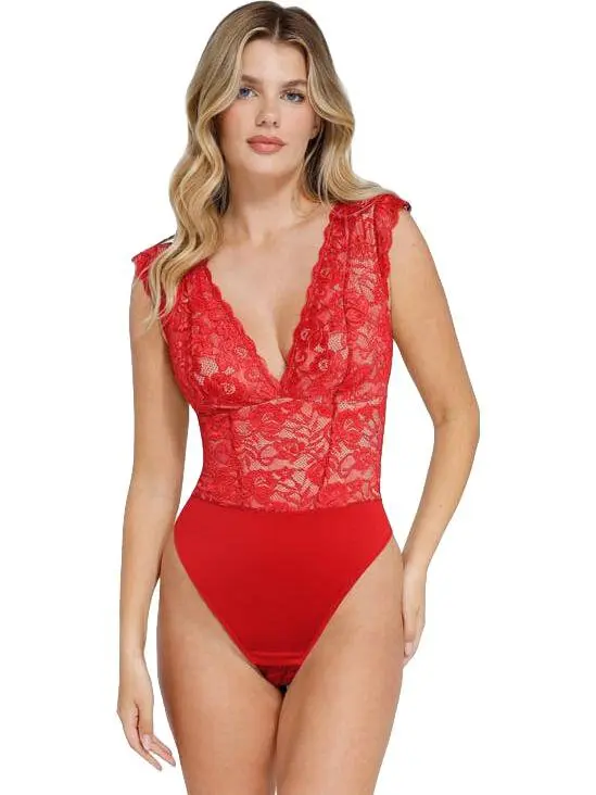 POPILUSH Shapewear Sculpting Lace Bodysuit - Cherry Red
