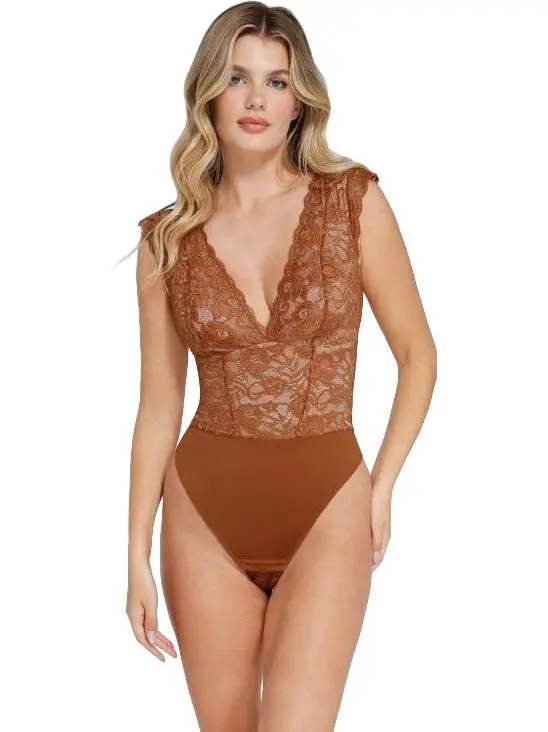 POPILUSH Shapewear Sculpting Lace Bodysuit - Chocolate