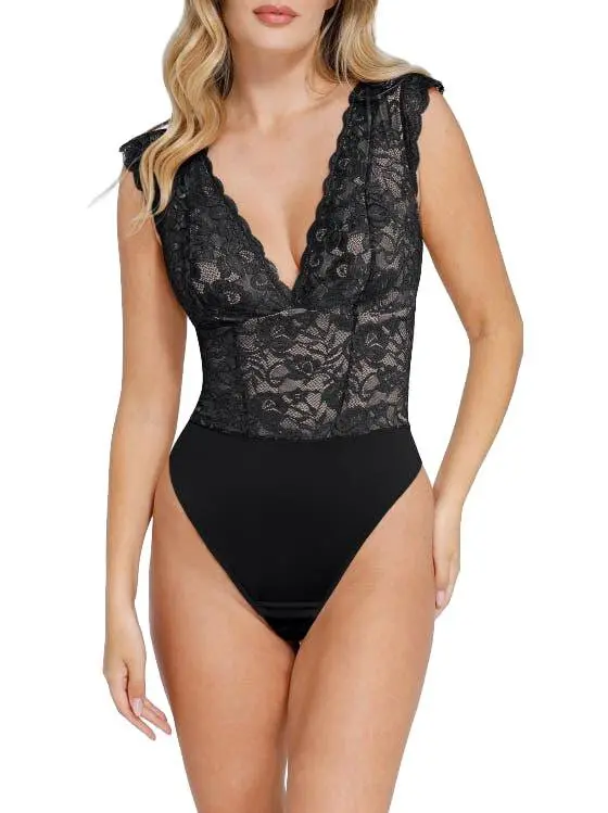 POPILUSH Sculpting Plunge Lace Bodysuit - Jet