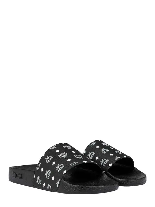 Mcm Monogram Print Rubber Slides - Black