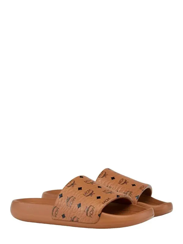 Mcm Monogram Print Rubber Slides - Cognac