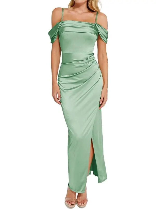 POPILUSH Off Shoulder Shine Jersey Maxi Dress - Dark Green