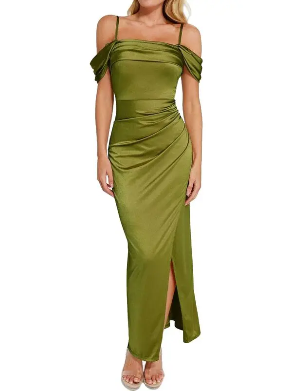 POPILUSH Liquid Metallic Off Shoulder Maxi Shapewear Dress - Metallic Olive