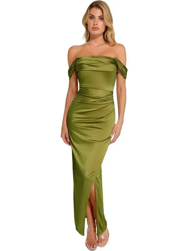 POPILUSH Liquid Metallic Off Shoulder Maxi Shapewear Dress - Metallic Olive