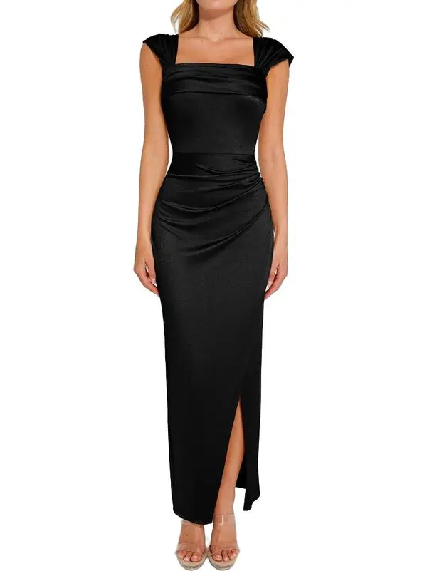 POPILUSH Liquid Metallic Off Shoulder Maxi Shapewear Dress - Midnight Black