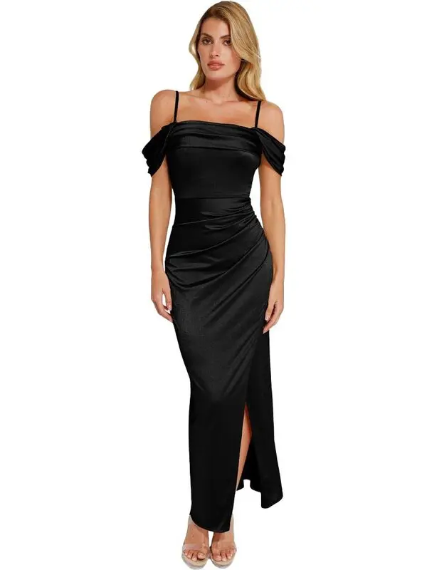 POPILUSH Liquid Metallic Off Shoulder Maxi Shapewear Dress - Midnight Black
