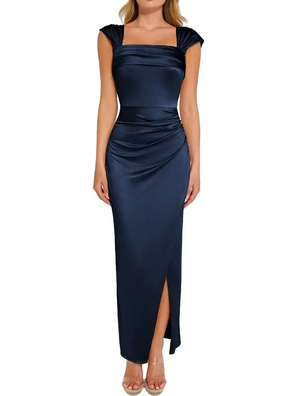 POPILUSH Liquid Metallic Off Shoulder Maxi Shapewear Dress - Navy Blue