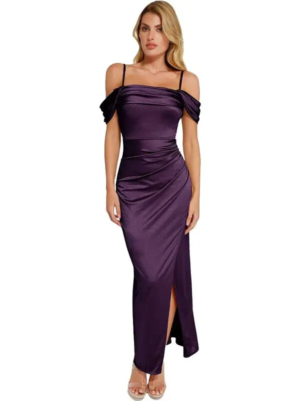 POPILUSH Liquid Metallic Shapewear Off Shoulder Maxi Dress - Plum