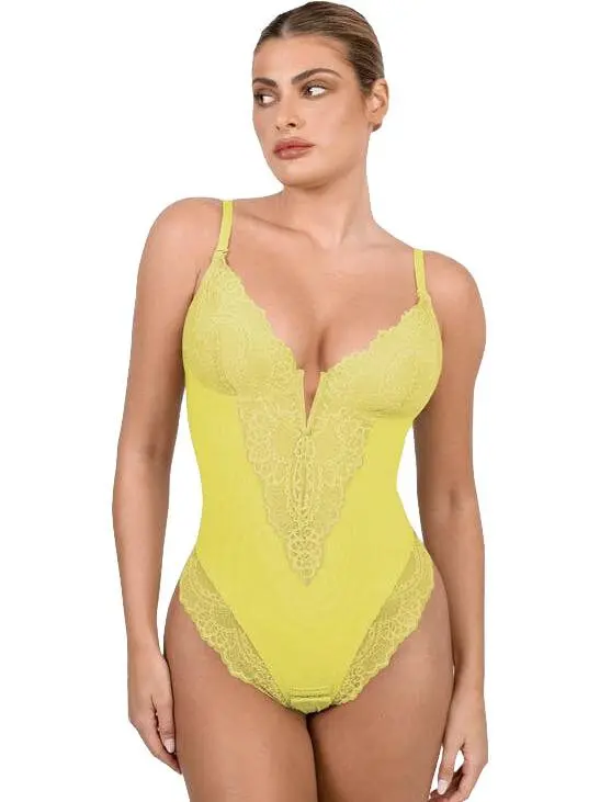 POPILUSH Lace Deep V-neck Thong Bodysuit - Lemon