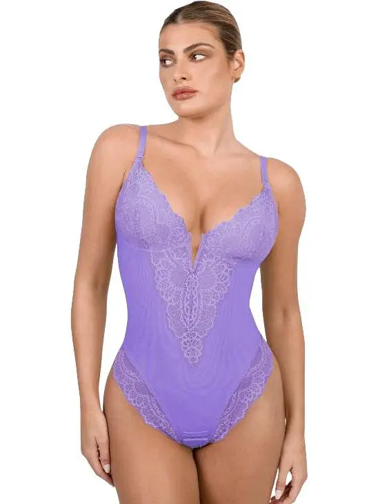POPILUSH Lace Deep V-neck Thong Bodysuit - Wisteria