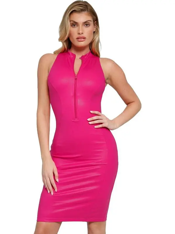 POPILUSH Shapewear Sculpting Faux Leather Zip Front Midi Dress - Cerise