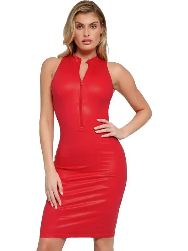 POPILUSH Shapewear Sculpting Faux Leather Zip Front Midi Dress - Poppy