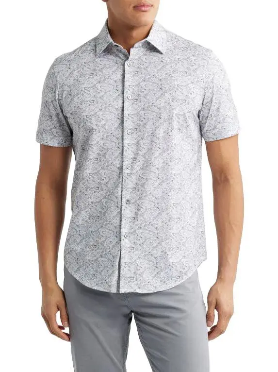 Bugatchi Miles Ooohcotton® Abstract Print Short Sleeve Button-up Shirt - Platinum
