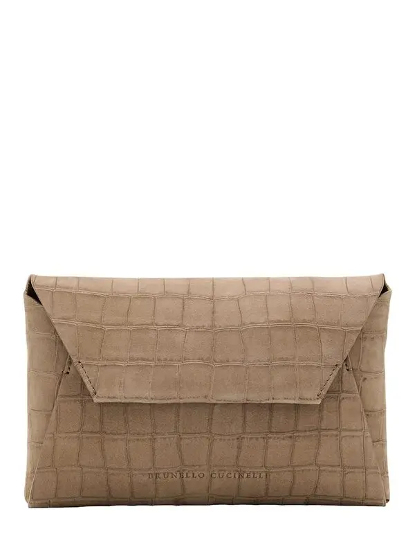 Brunello Cucinelli Mini Croc-embossed Suede Pouchette - Taupe