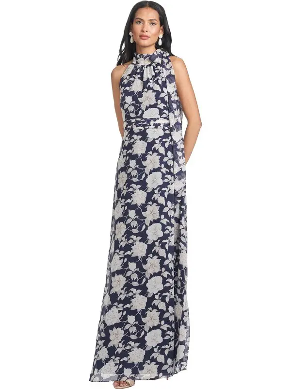 Sachin & Babi Kayla Printed Maxi Gown With Tie Neck - Alabaster Begonia