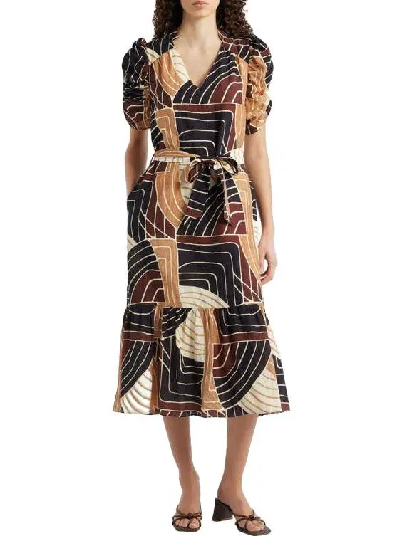 CIEBON Merl Tie Waist Midi Dress - Chocolate Multi