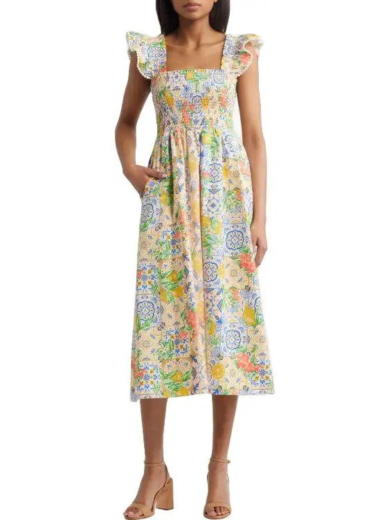 Anne Klein Ruffle Smocked Bodice Midi Sundress - Pearl White Multi