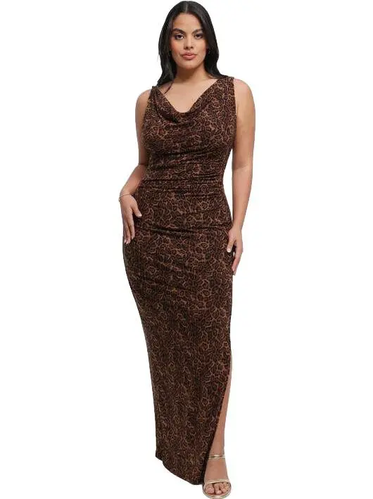 POPILUSH Shapewear Cowl Neck Leopard Maxi Dress - Leopard Brown