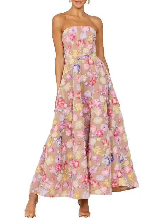 HELSI Vivian Beaded Floral Strapless Maxi Dress - Pink/ Yellow Floral