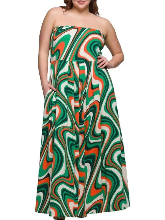 24SEVEN COMFORT APPAREL Print Strapless Maxi Dress - Green Multi