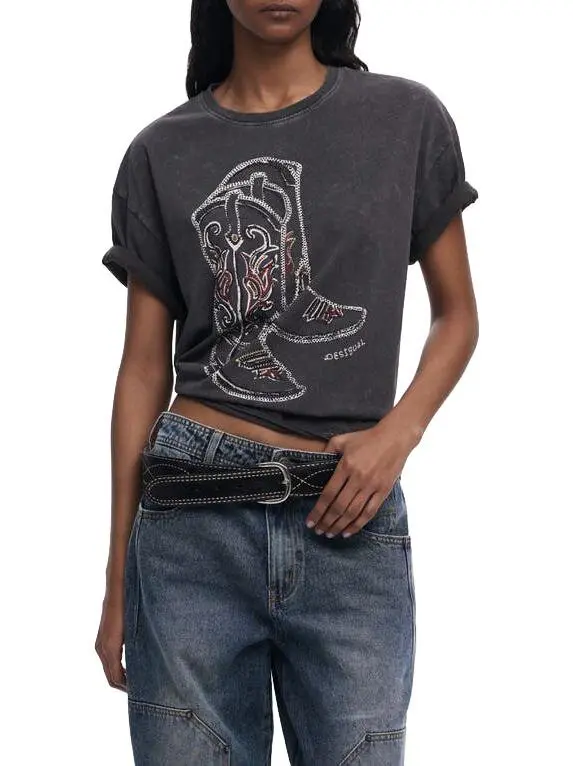Desigual Embellished Cowboy Boot Graphic T-shirt - Dark Gray