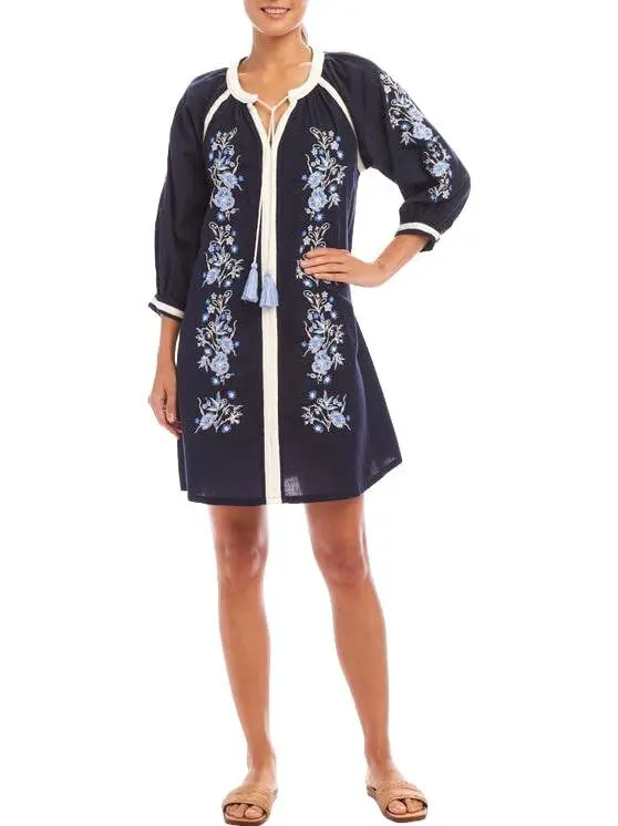 Karen Kane Embroidered Floral Peasant Dress - Navy
