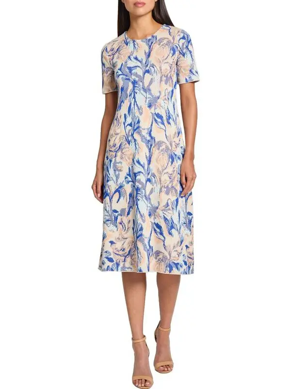 Misook Floral Jacquard Dress - Aegean Blue/ Aquatic Multi
