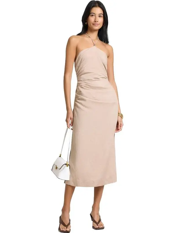 Onia Air Linen Ruched Halter Dress - Jute