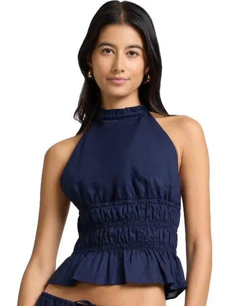 Onia Air Linen Smocked Halter Top - Noir Navy