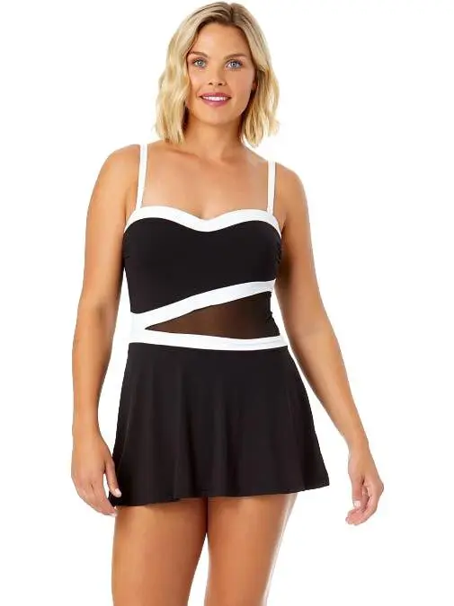 ANNE COLE Mesh Paneled Swim Dress - Black