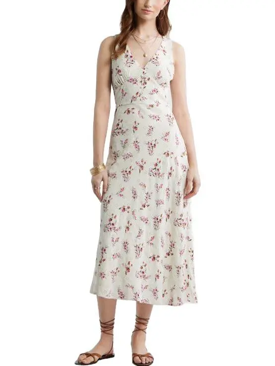 Treasure & Bond Embroidered Bias Cut Midi Dress - Ivory- Pink Posy Floral