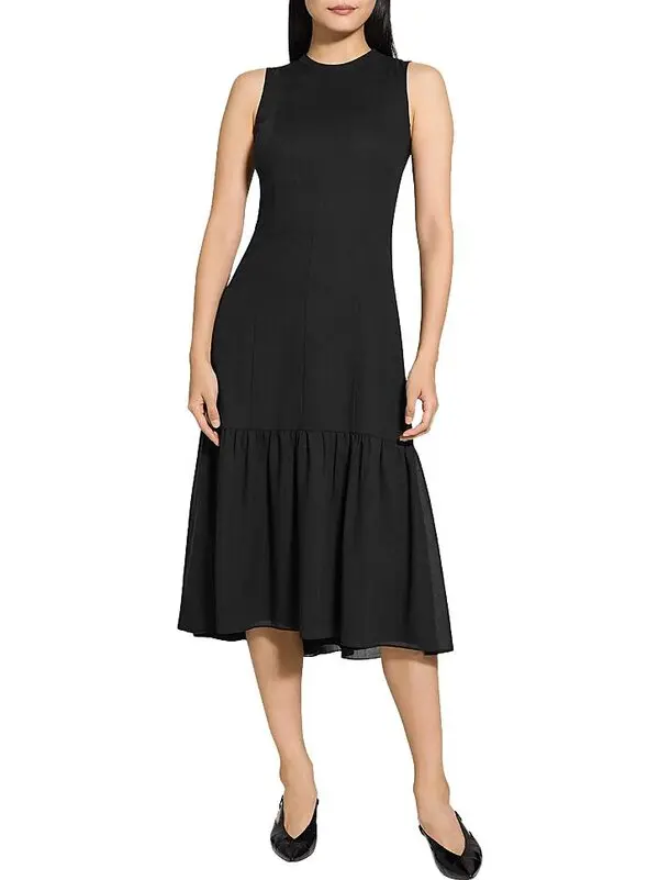 Theory Tie Neck Tiered Midi Dress - Black