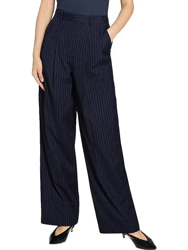 Theory Pleated Wide Leg Trousers - Nocturnal Navy