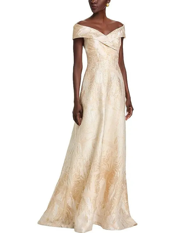 Rickie Freeman For Teri Jon Metallic Jacquard Gown - Champagne Gold
