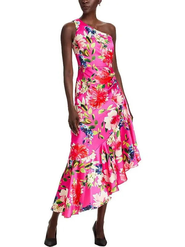 Eliza J Printed One-shoulder Dress - Hot Pink