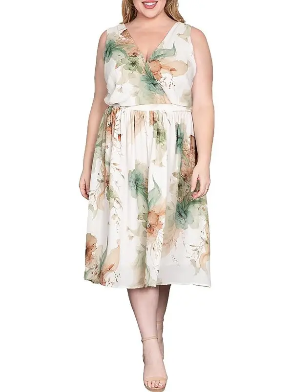 STANDARDS & PRACTICES Floral Print Faux Wrap V-neck Midi Dress - Egret Floral