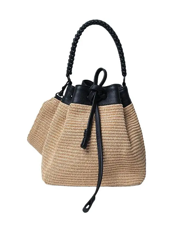 Callista Leather And Straw Bucket Bag - Black